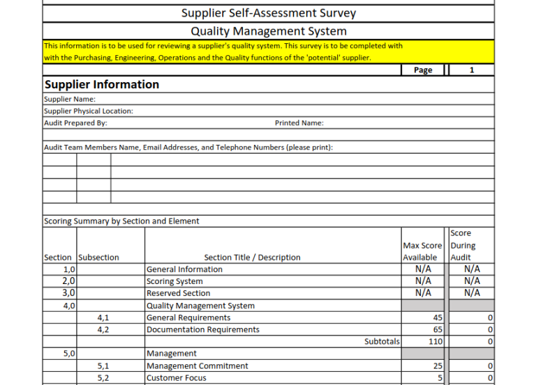 SUPPLIER SELF ASSESSMENT SURVEY FOR EVALUATION