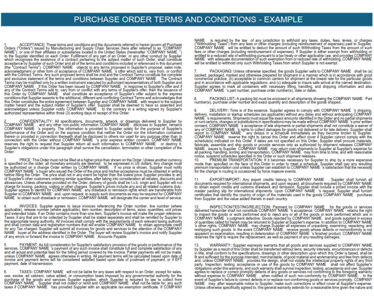 PURCHASE ORDER TERMS AND CONDITIONS PROTECTION